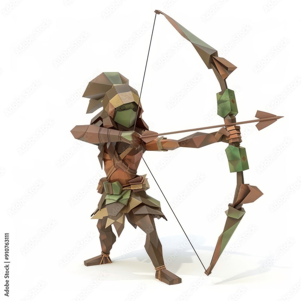 3D Render, Low Poly style of a tribal scout with a bow and arrows and ...