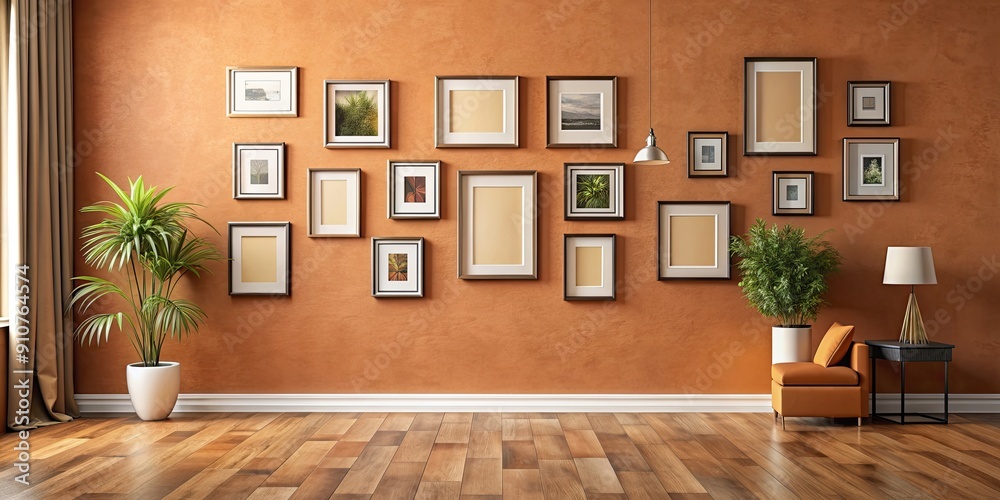 Elegant modern room with picture frames on terracotta wall, picture ...