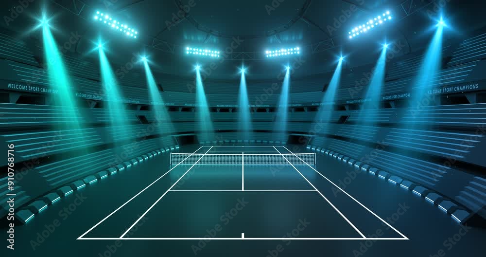 Futuristic tennis arena at night with shining spotlights and thrilling ...