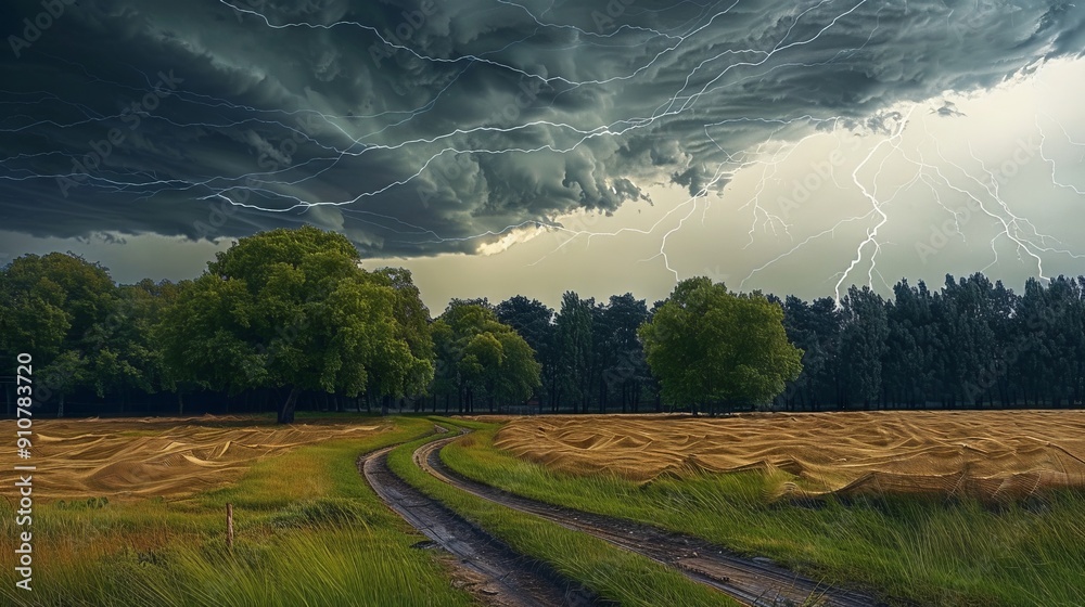 open feild of grass and a dirt road leading to the tree line, and a ...