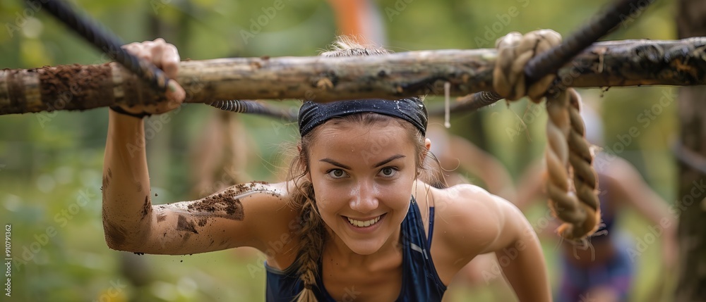 Woman partake in an OCR race while passing the wooden beam with ...