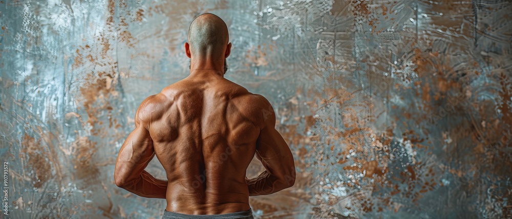 Rear view photo of bald man holding hands behind back and showing his ...