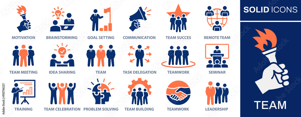 Team icon set. Collection includes motivation, brainstorming, goal ...