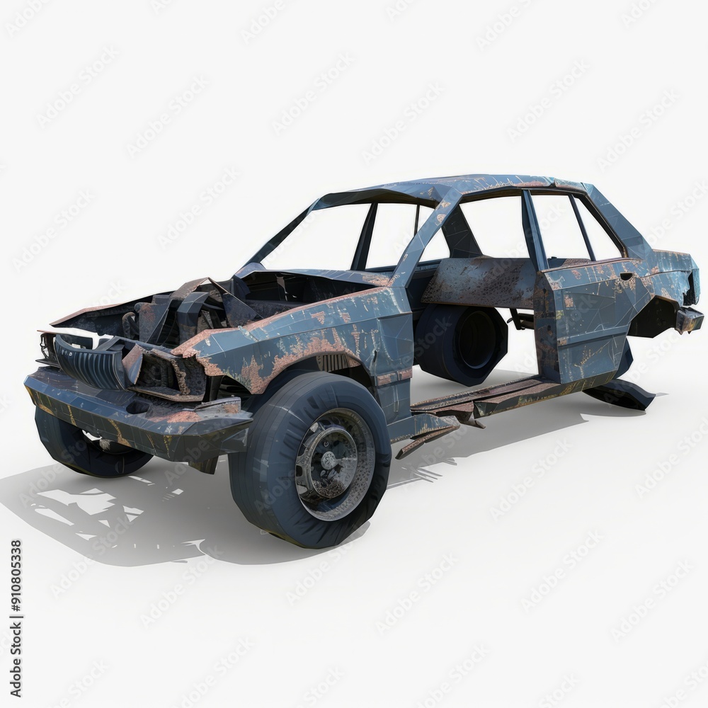 3D Render, Low Poly style of carwreck with bent frame and missing tires ...