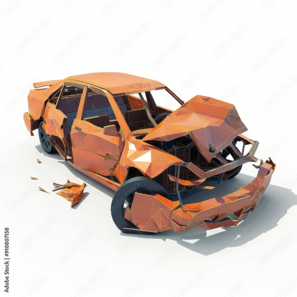 3D Render, Low Poly style of carwreck with front end crushed and frame ...