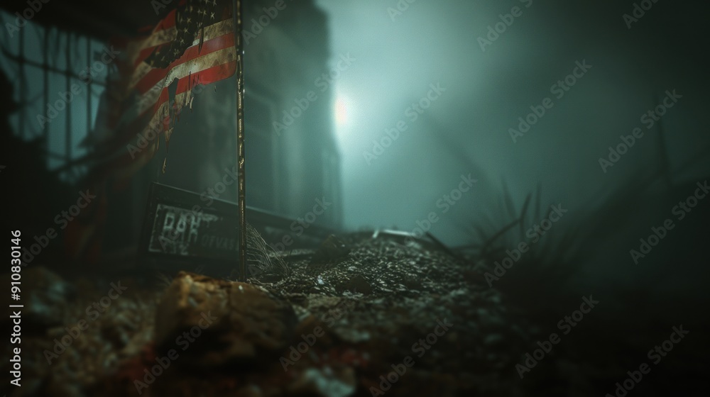 A tattered flag stands amidst debris, a symbol of hope in a post ...