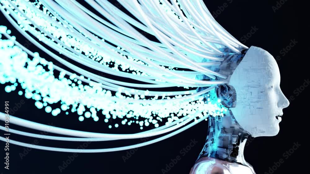 Human form artificial intelligence, cables connected to head, data flow ...