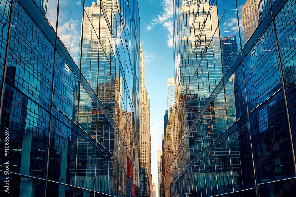 Bustling City Street With Towering Buildings, Skyscrapers made of glass ...