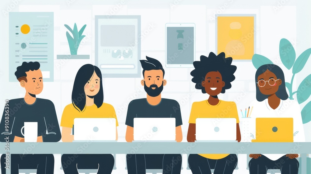 Cartoon vector Team of diverse professionals working remotely on their ...