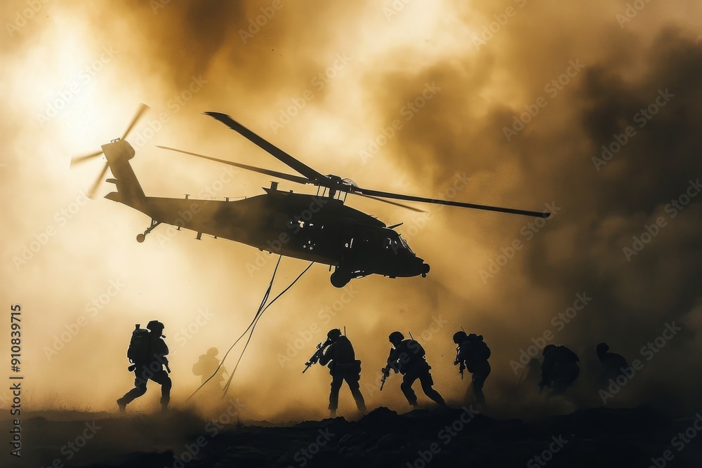 A helicopter flies above a group of soldiers in a military operation ...