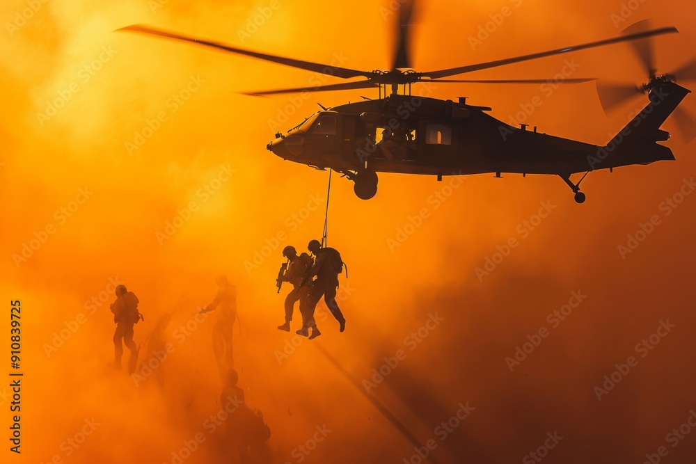A helicopter flies over a group of soldiers, providing aerial support ...