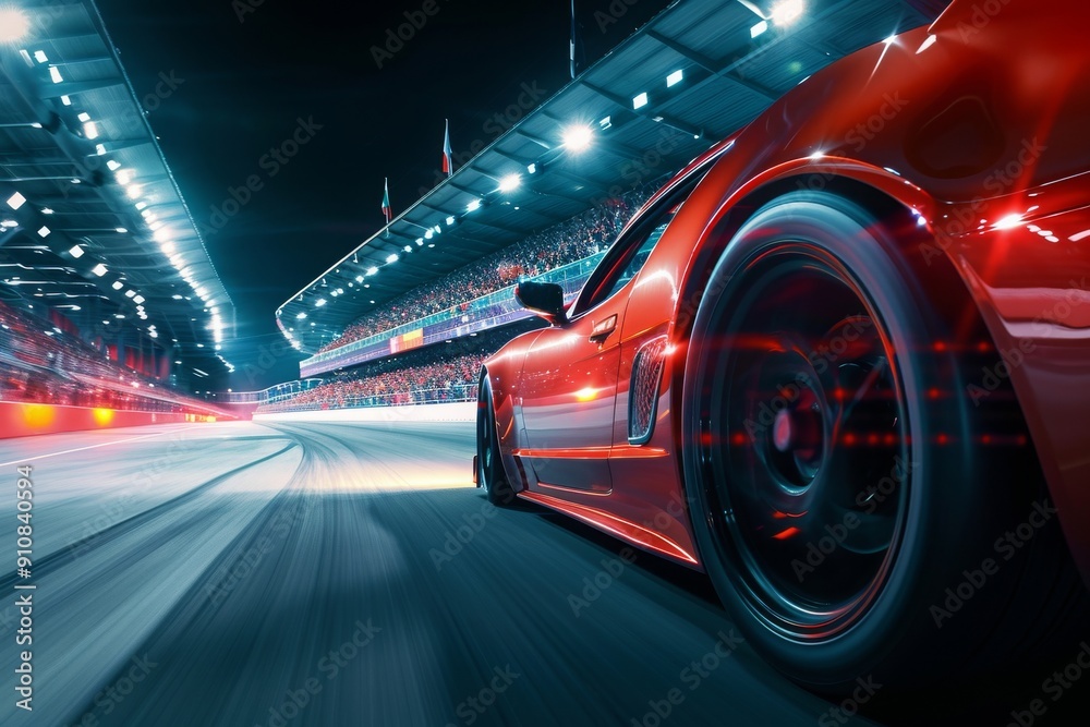 Red Sports Car Racing on a Track, Sport car zooming past the cheering ...