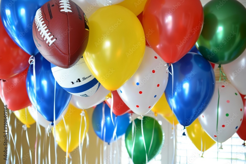 A colorful display of balloons featuring a football attached to each ...