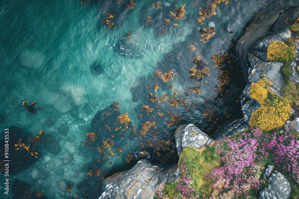 A photo capturing a body of water enclosed by rocks and adorned with ...