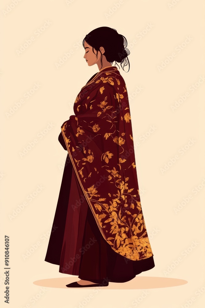 Minimalism illustration, a Nepali woman, wearing a traditional gunyu ...