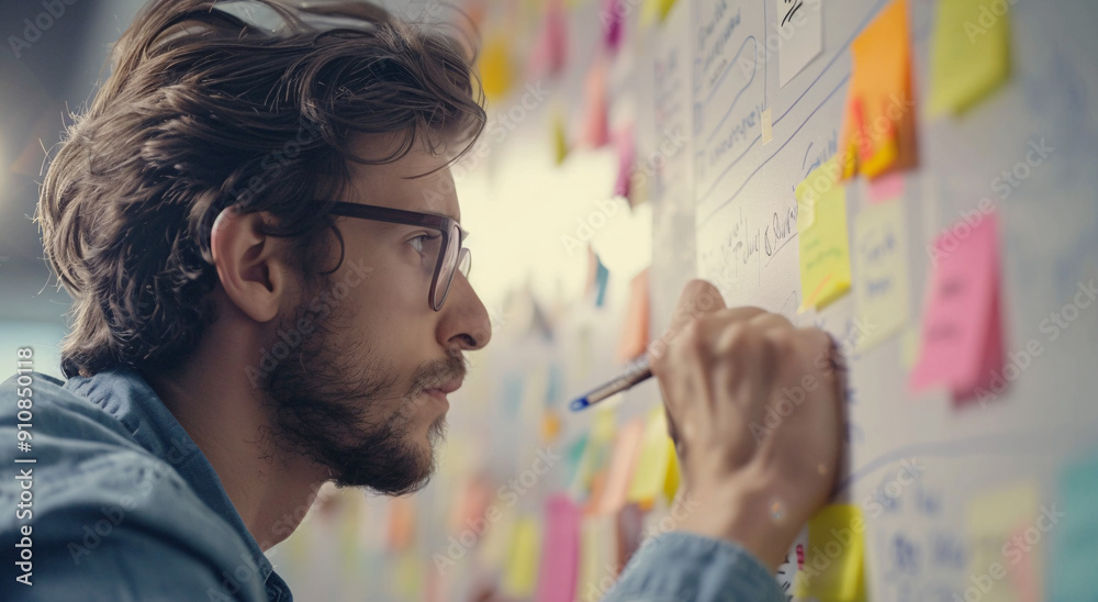 Professional actively engage in a brainstorming session, using sticky ...