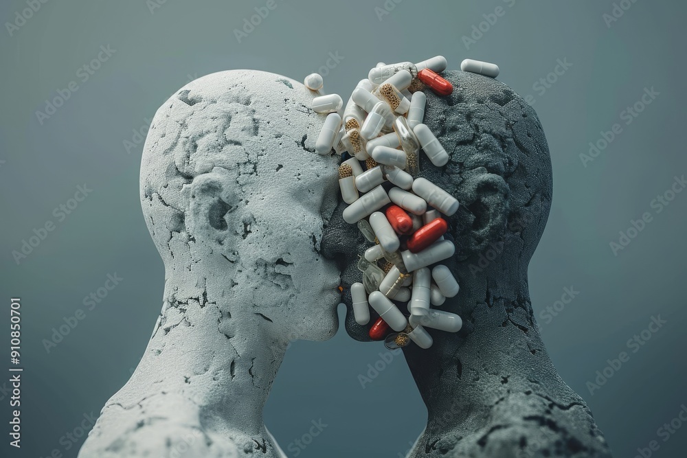 This photo showcases a couple of statues with pill-filled heads ...