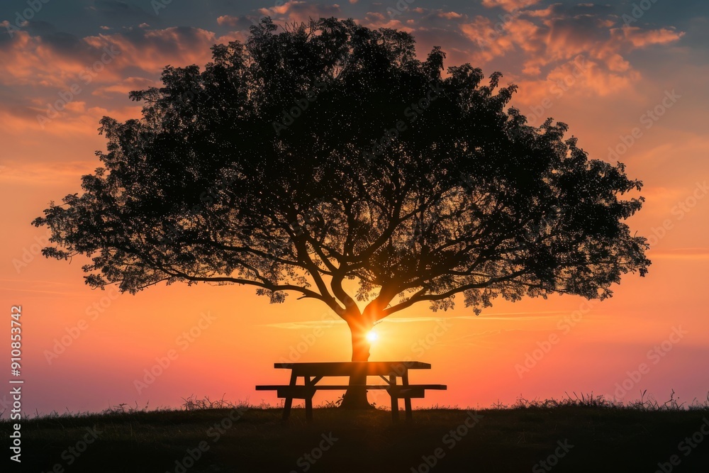 A Bench Under a Tree With the Sun Setting in the Background, The ...