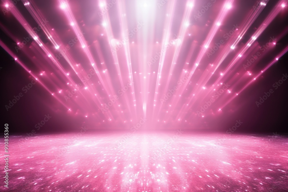 Pink spotlight stage background. Disco party projector light concert or ...