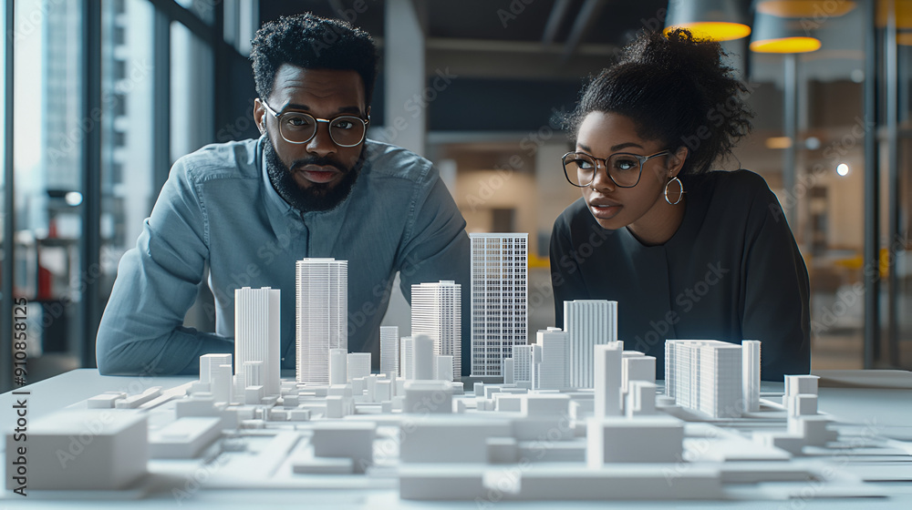 African American Architects Reviewing 3D Model of High-Rise Buildings ...