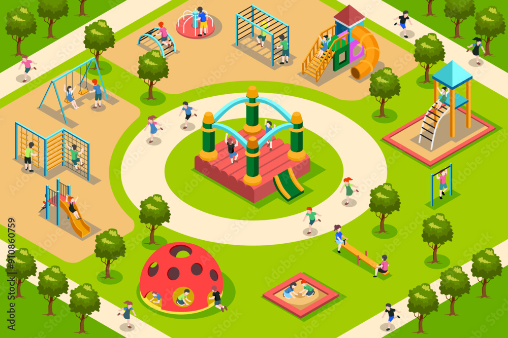 Isometric Map of Kids Playing in a Playground Vector Illustration Stock Vector | Adobe Stock