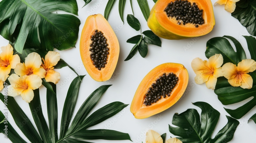 A collection of papayas in various stages of ripeness, arranged ...