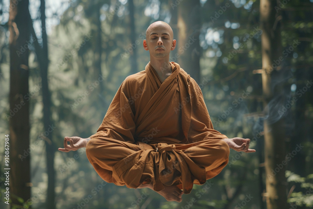 Bald buddhist monk sitting cross legged in lotus position in the air ...