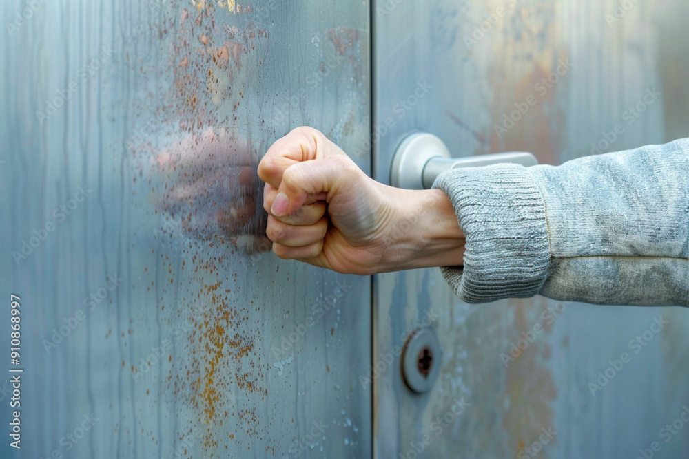 Aggressive neighbor bangs her fist on a metal door. Dissatisfied woman ...