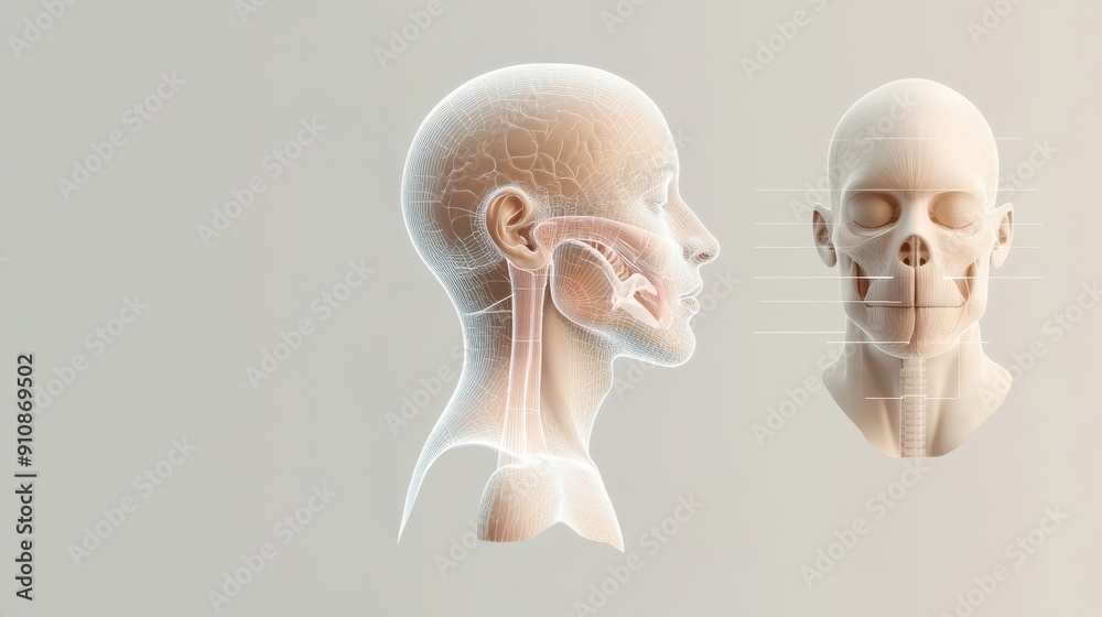Detailed anatomical illustration of a human head and neck showing the ...