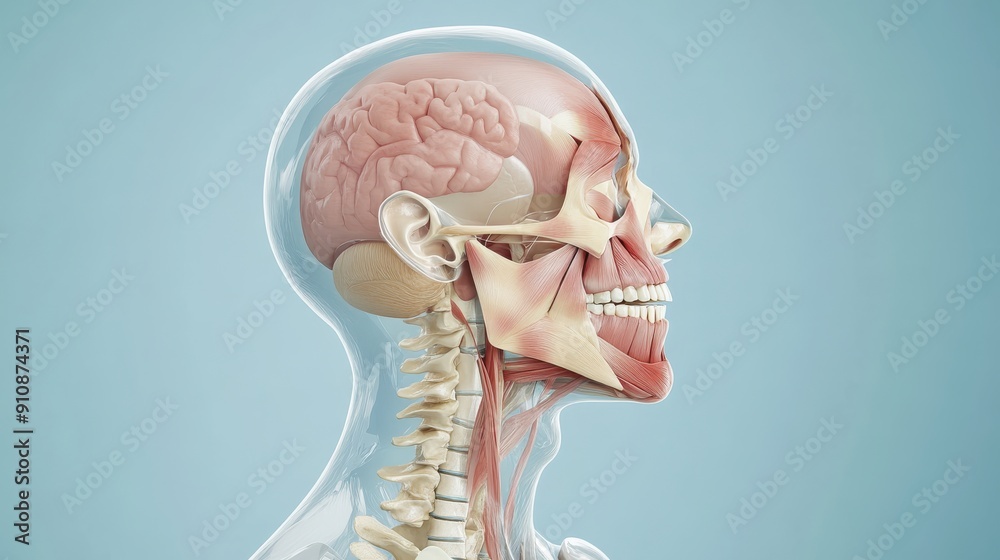 Side view of human skull, brain, and facial muscles highlighting ...
