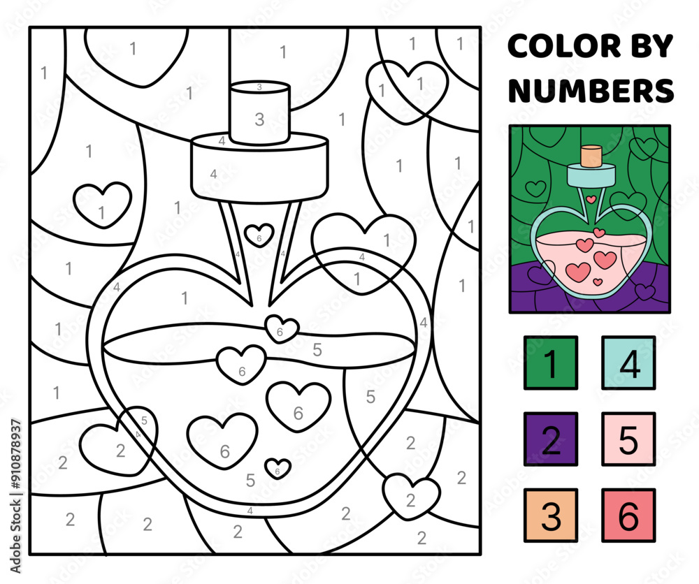Vetor de Color by number. Pink love drink in bottle of heart. Coloring ...