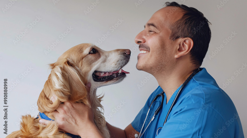 Smiling Veterinarian in Blue Scrubs Interacting with Dog Breed ...