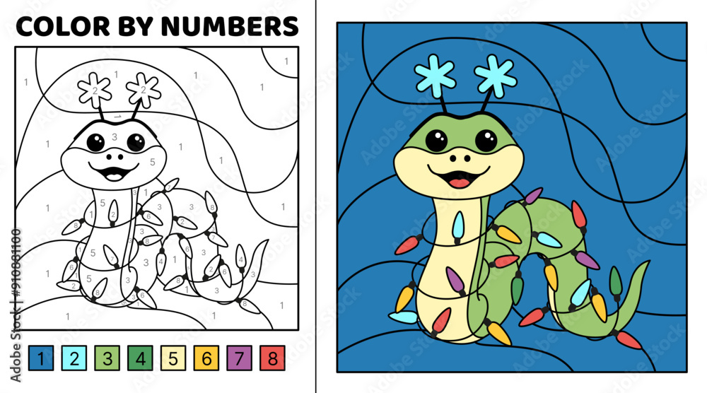 Color by number. Snake with Christmas lights. Coloring page. Game for ...