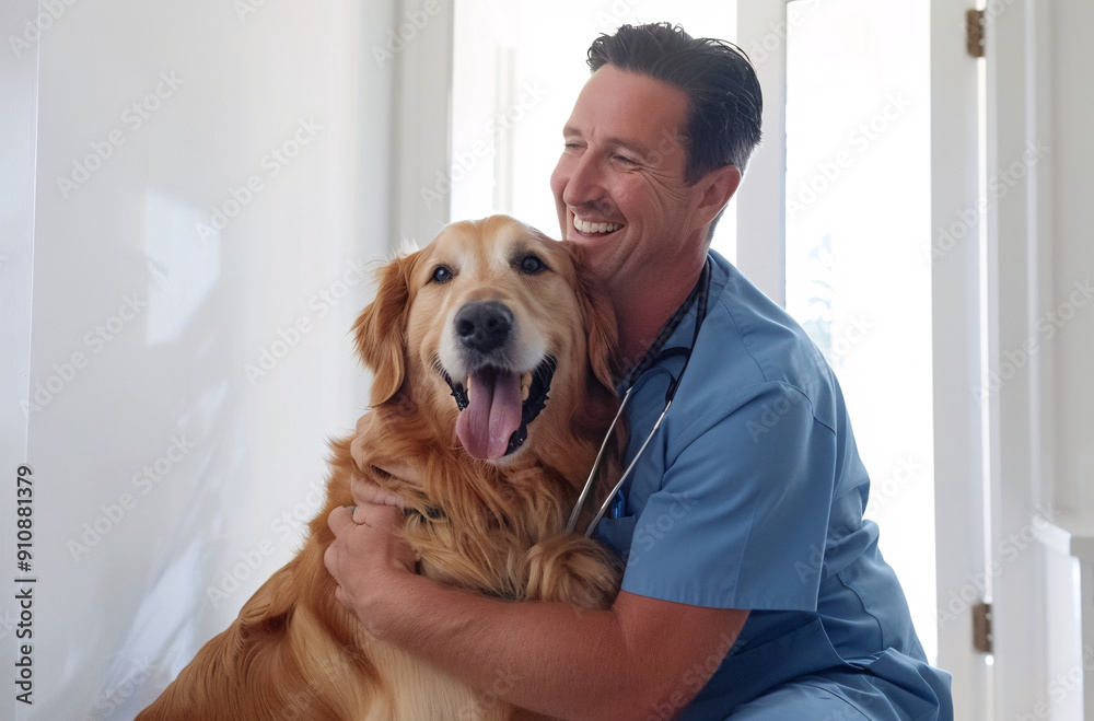 Smiling Veterinarian in Blue Scrubs Interacting with Dog Breed ...