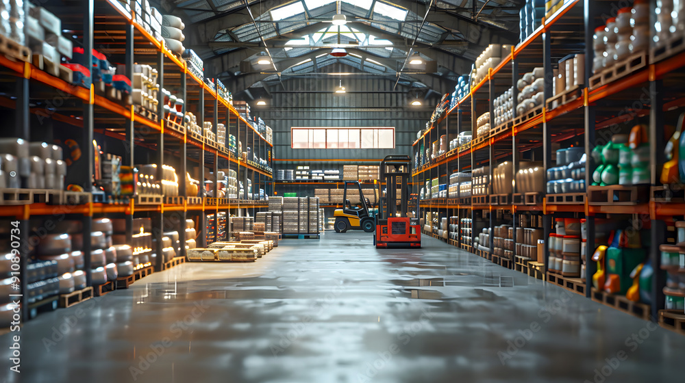 Retail warehouse full of shelves with goods in cartons, with pallets ...