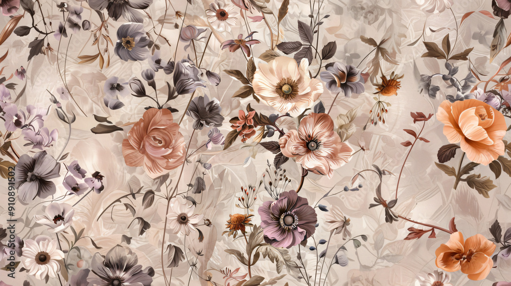 Vintage-inspired floral print with roses, anemones, and other flowers ...