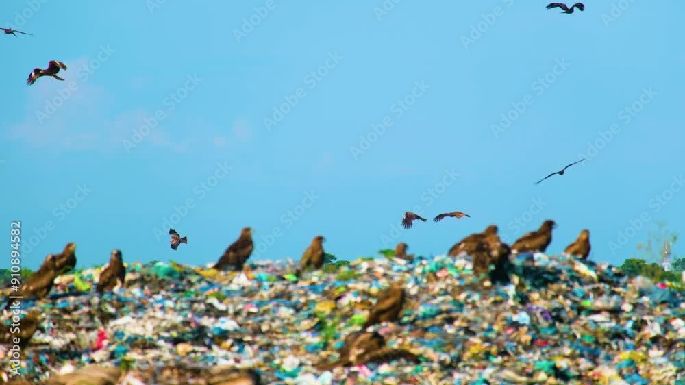 Eagle or black kites, feeding off rodents on polluted trash landfill ...