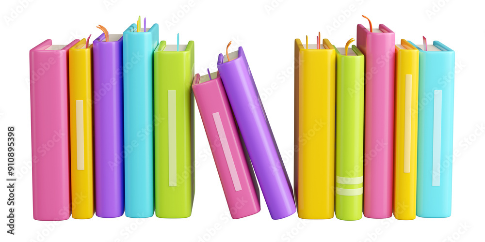 Stack of paper vertical standing books with bright hardcover and ...