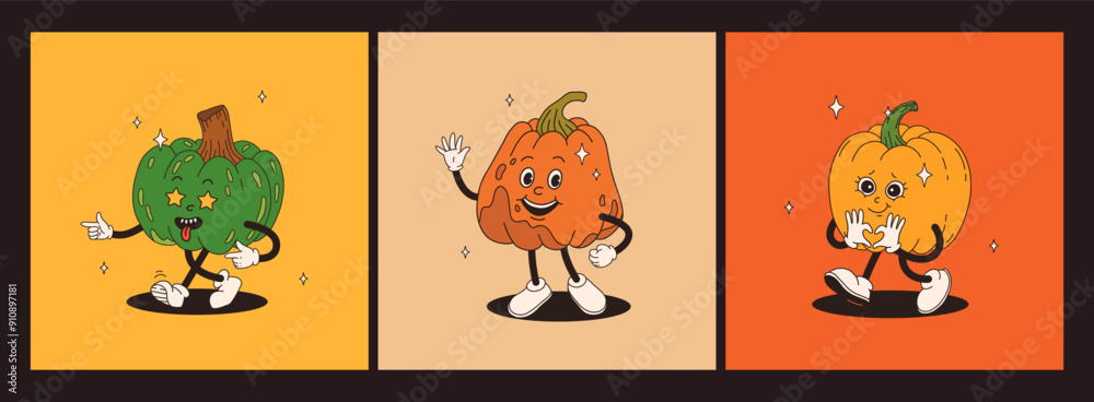 Groovy retro Happy Halloween character. Funky orange pumpkin with happy ...