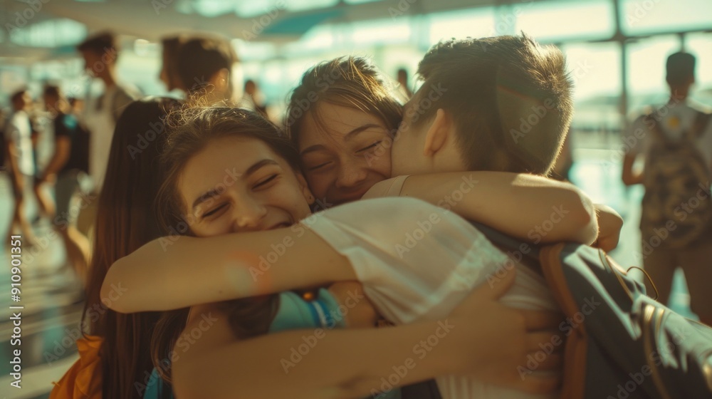 happy teenagers in a group hug at the airport, bright light, realistic ...