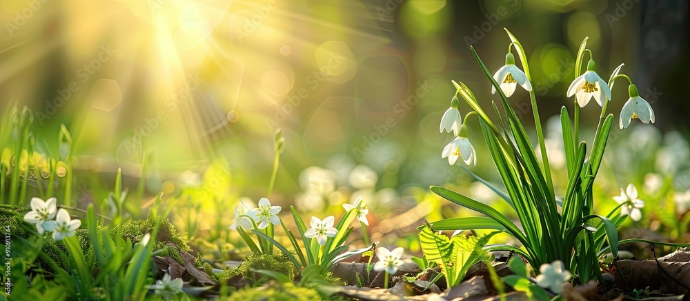 Sunny springtime scenery in the forest glade showcases white Leucojum ...
