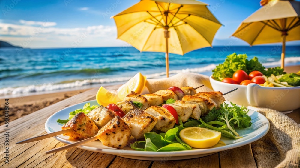 Brochetas de pollo a la parrilla con ensalada y rodajas de limón ...