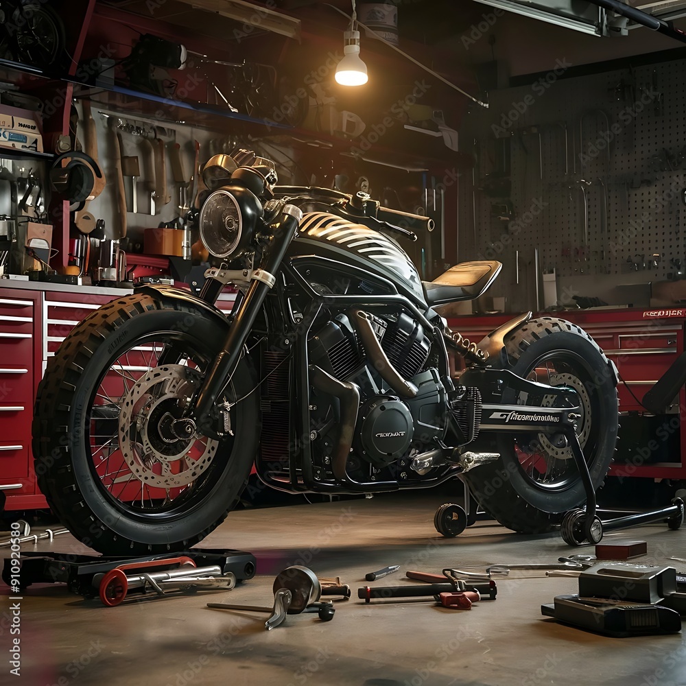Create a detailed view of a heavy bike resting in a well-equipped ...
