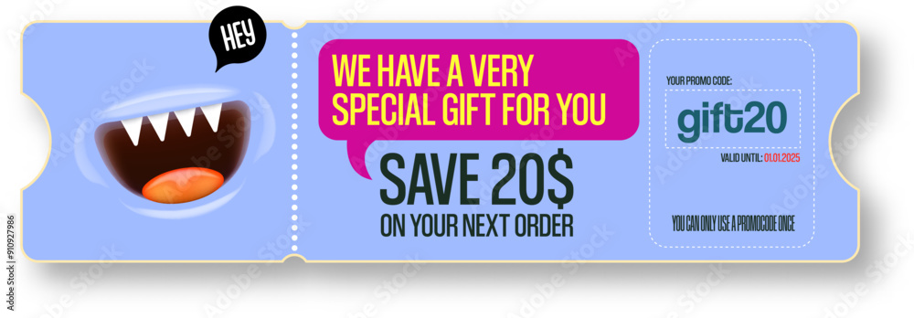 Vector Gift Voucher with Coupon Code And Cute Funny Monster Character ...