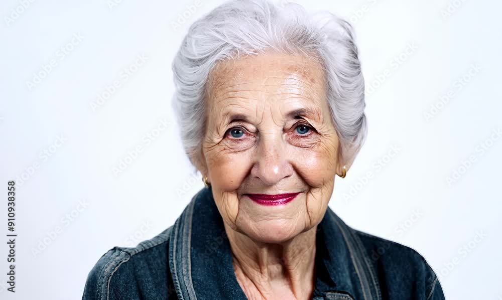 Portrait video of a 100-year-old elderly Swedish woman against a white ...