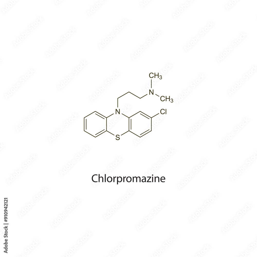 Chlorpromazine flat skeletal molecular structure Antipsychotic drug ...
