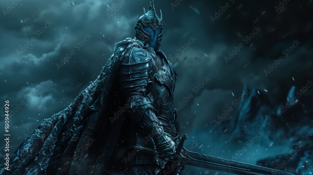 Dark, ominous armored knight with sword standing amidst a stormy ...