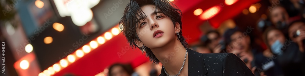 Charismatic Korean Male Idol in Spotlight: Serious Expression on Red ...