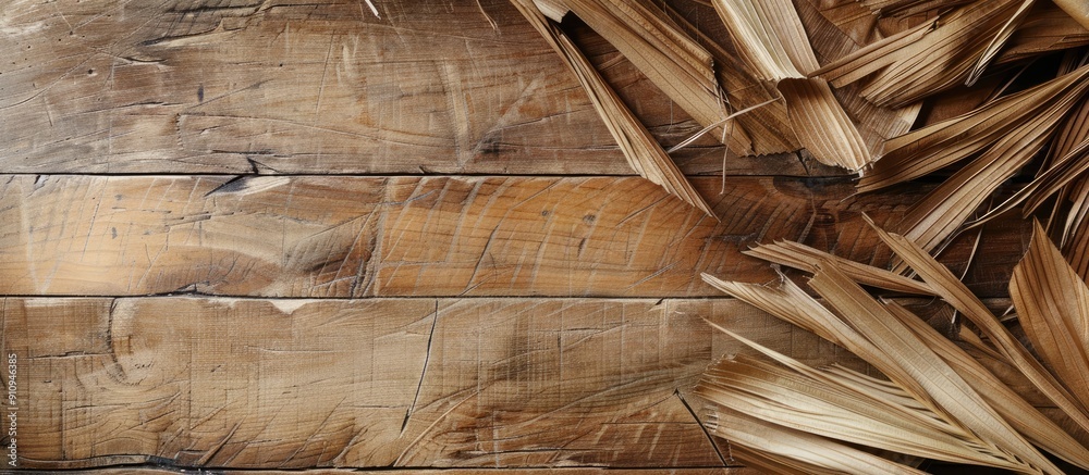 Dried palm leaves used for ancient manuscripts on a wooden background ...
