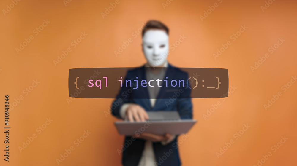 Foto de Cybersecurity concept sql injection on foreground screen, hacker silhouette hidden with ...